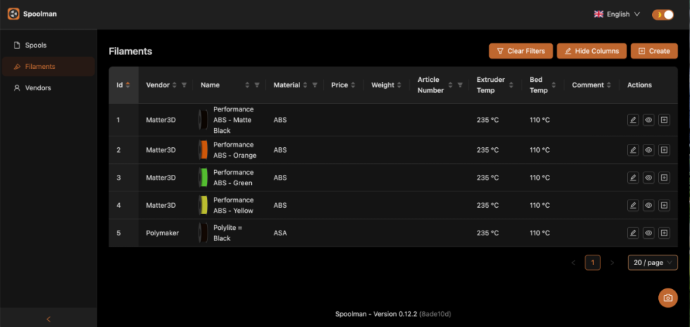 Spoolman - Filament Management - Filaments - Team FDM